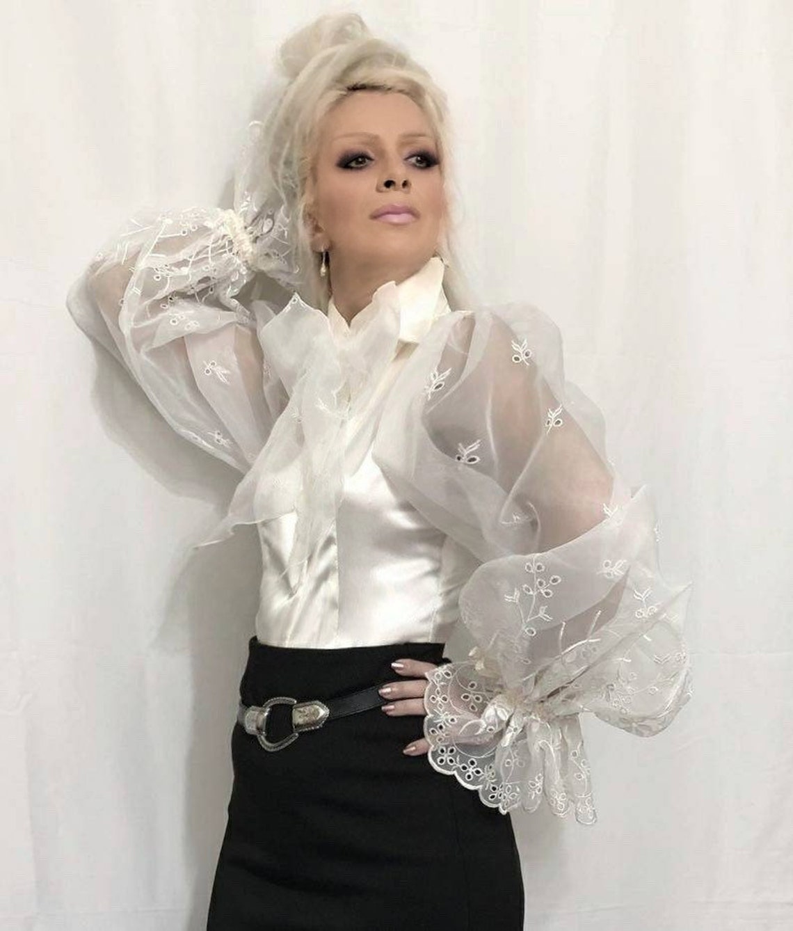 Ivory Tie Neck Details Satin & Organza Puff Top in Sizes XS S - Etsy