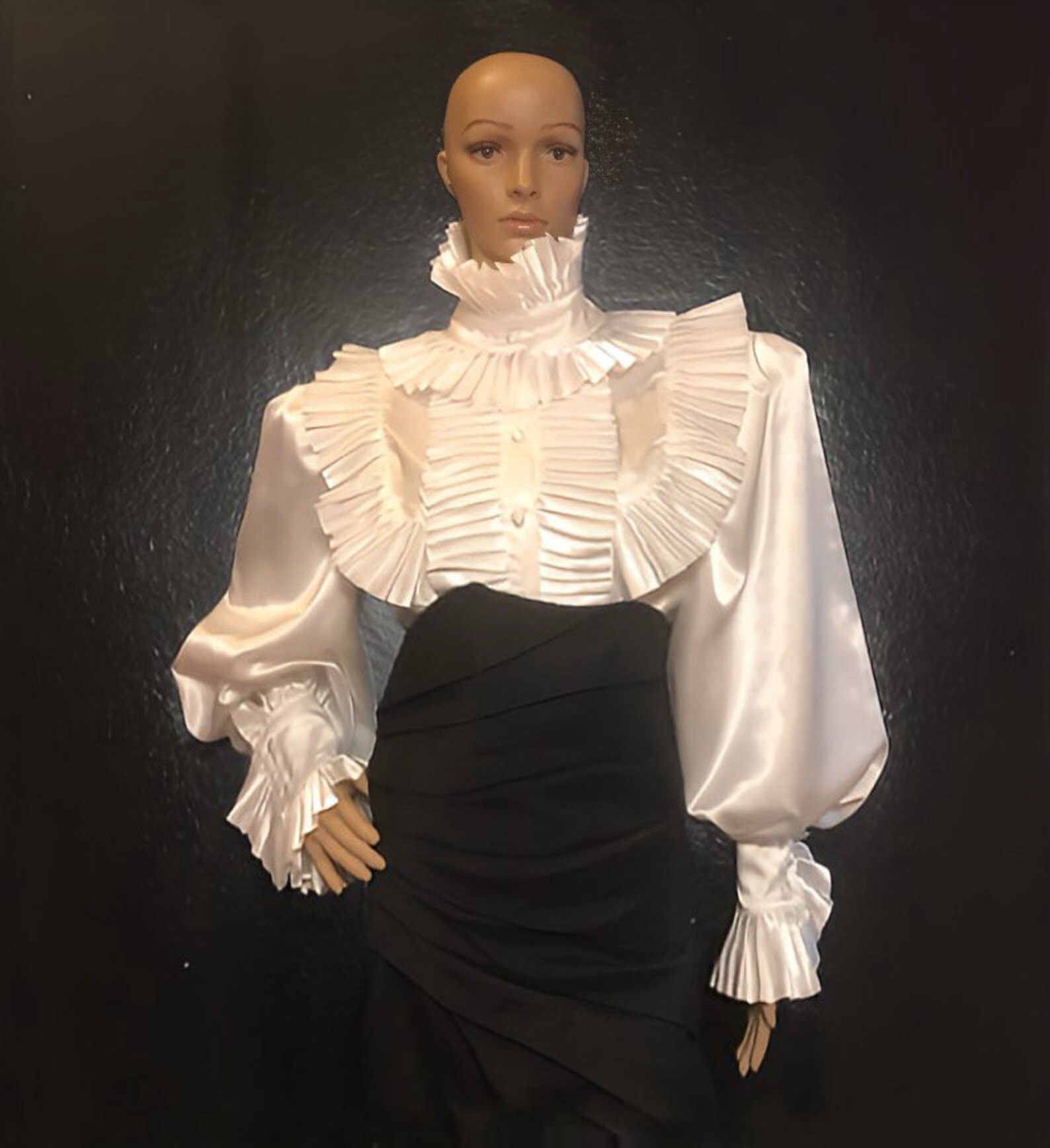 White Pleated Ruffles Satin Puff Blouse in Sizes XS S M L XL 2XL 3XL ...