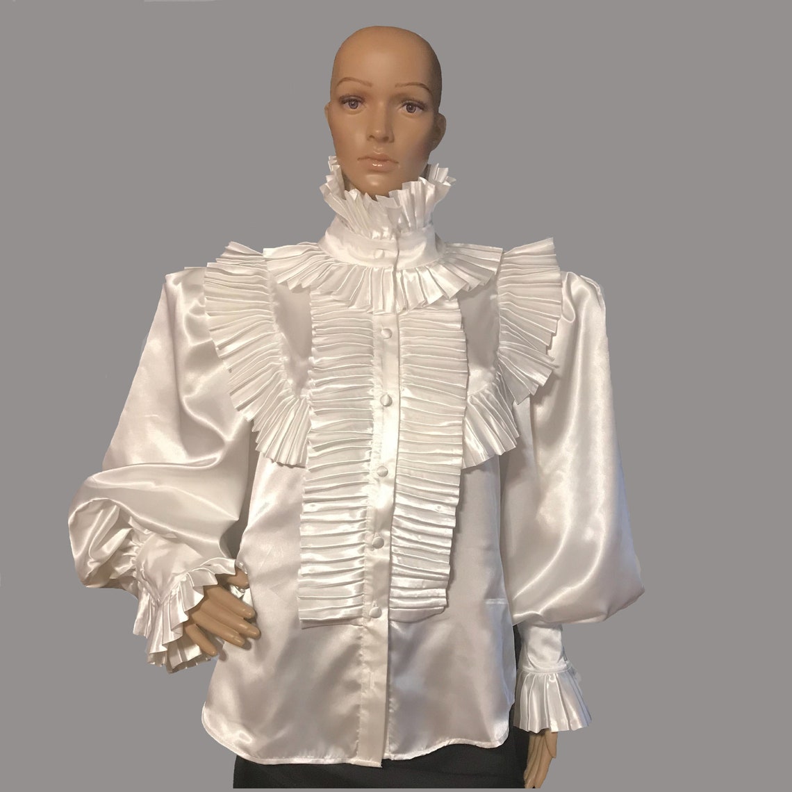 White Pleated Ruffles Satin Puff Blouse in Sizes XS S M L XL 2XL 3XL ...