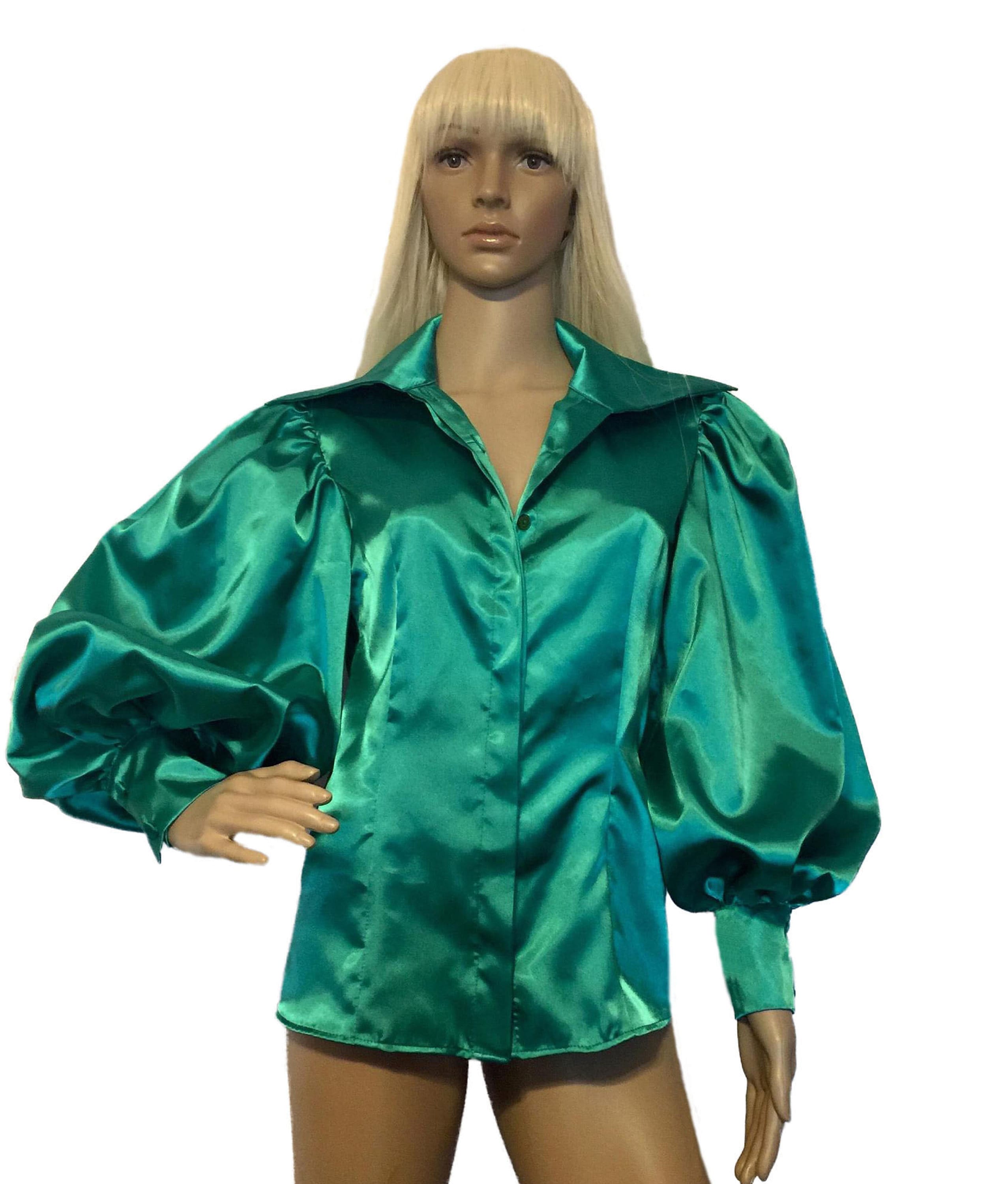 Puff Sleeves Satin Hide Uttons Blouse in Irish Green Color - Etsy