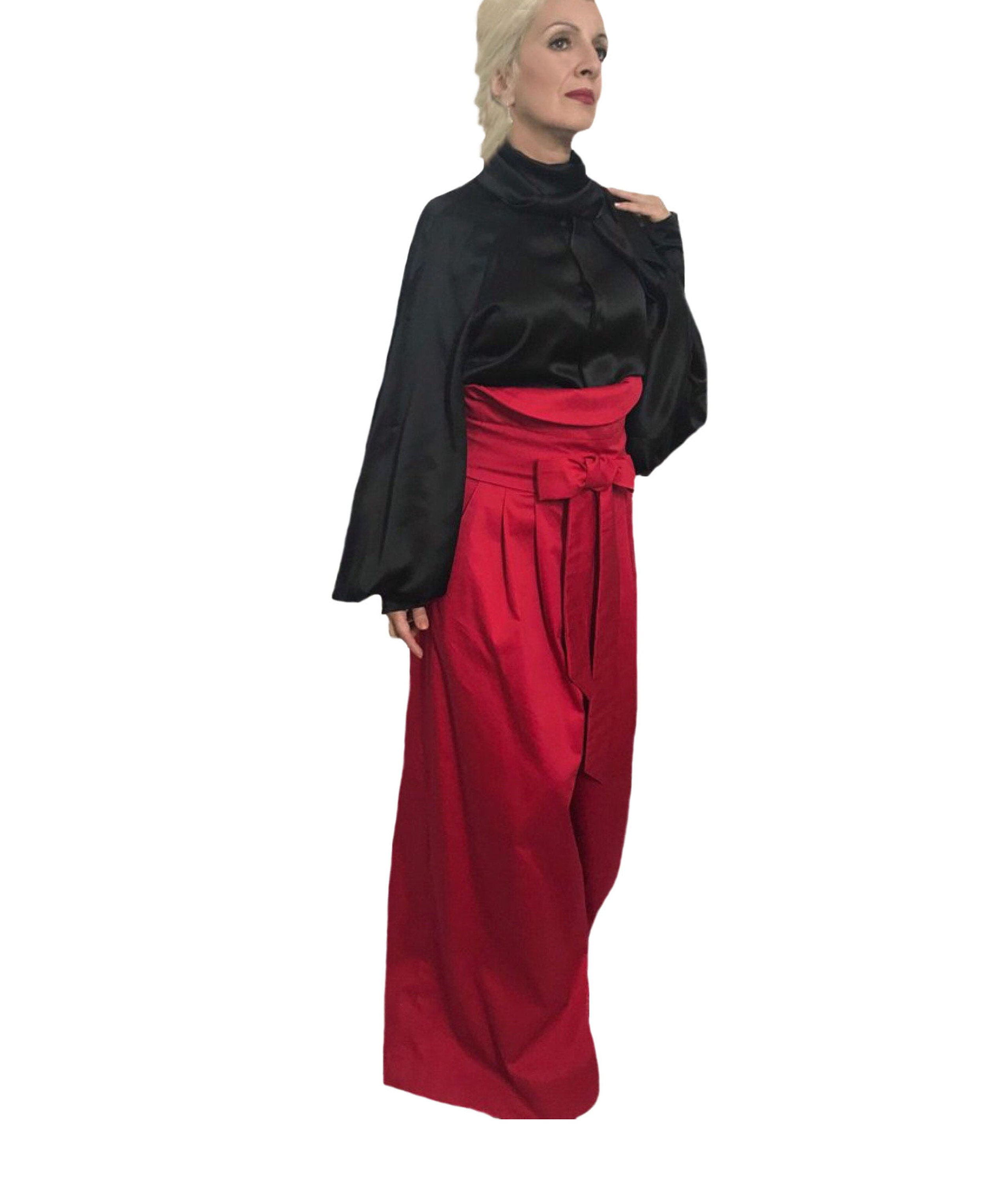 Red High-waist Cotton Satin Pleated Trousers - Etsy UK