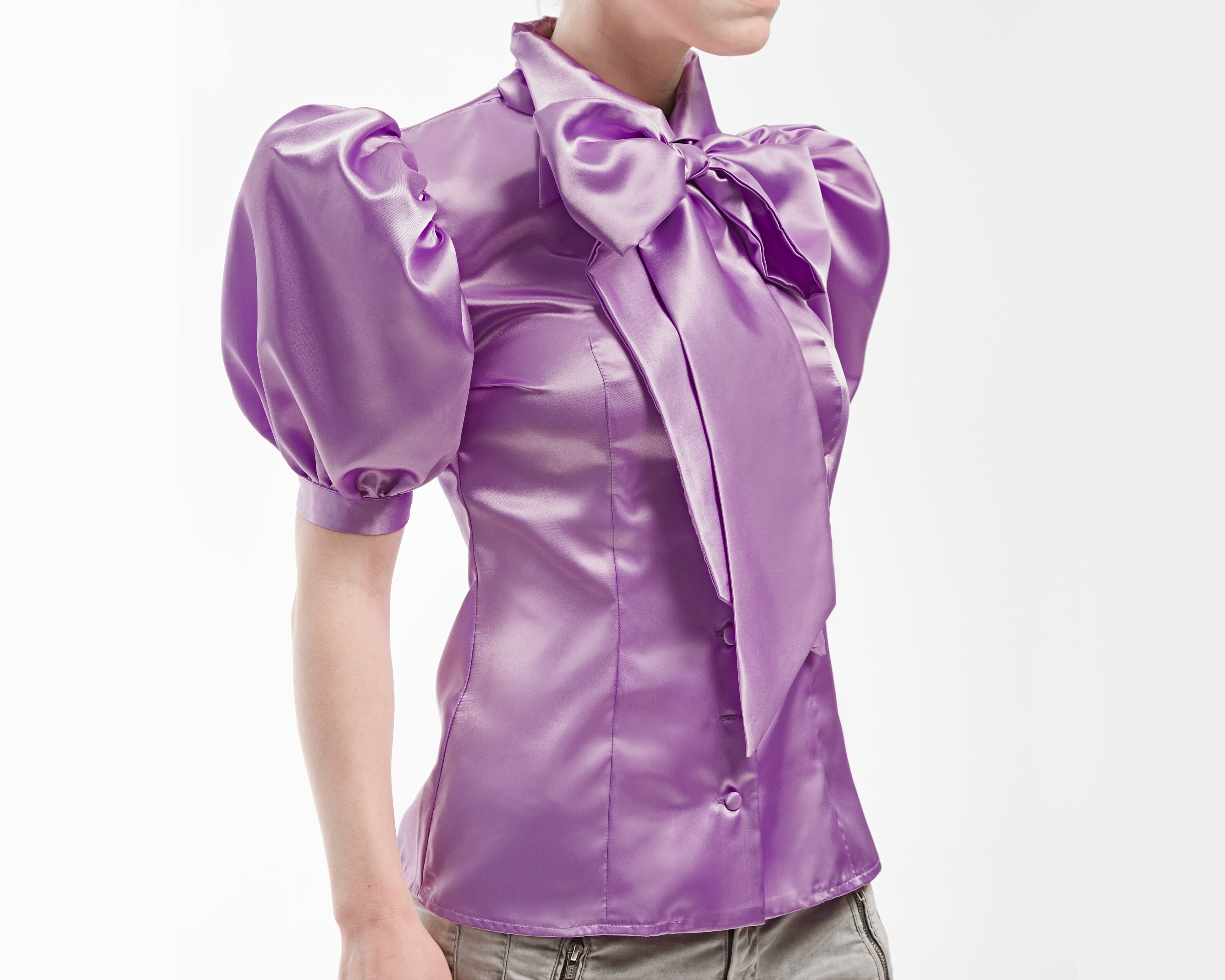 Lavender Bow Neck Satin Puff Sleeves Top - Etsy