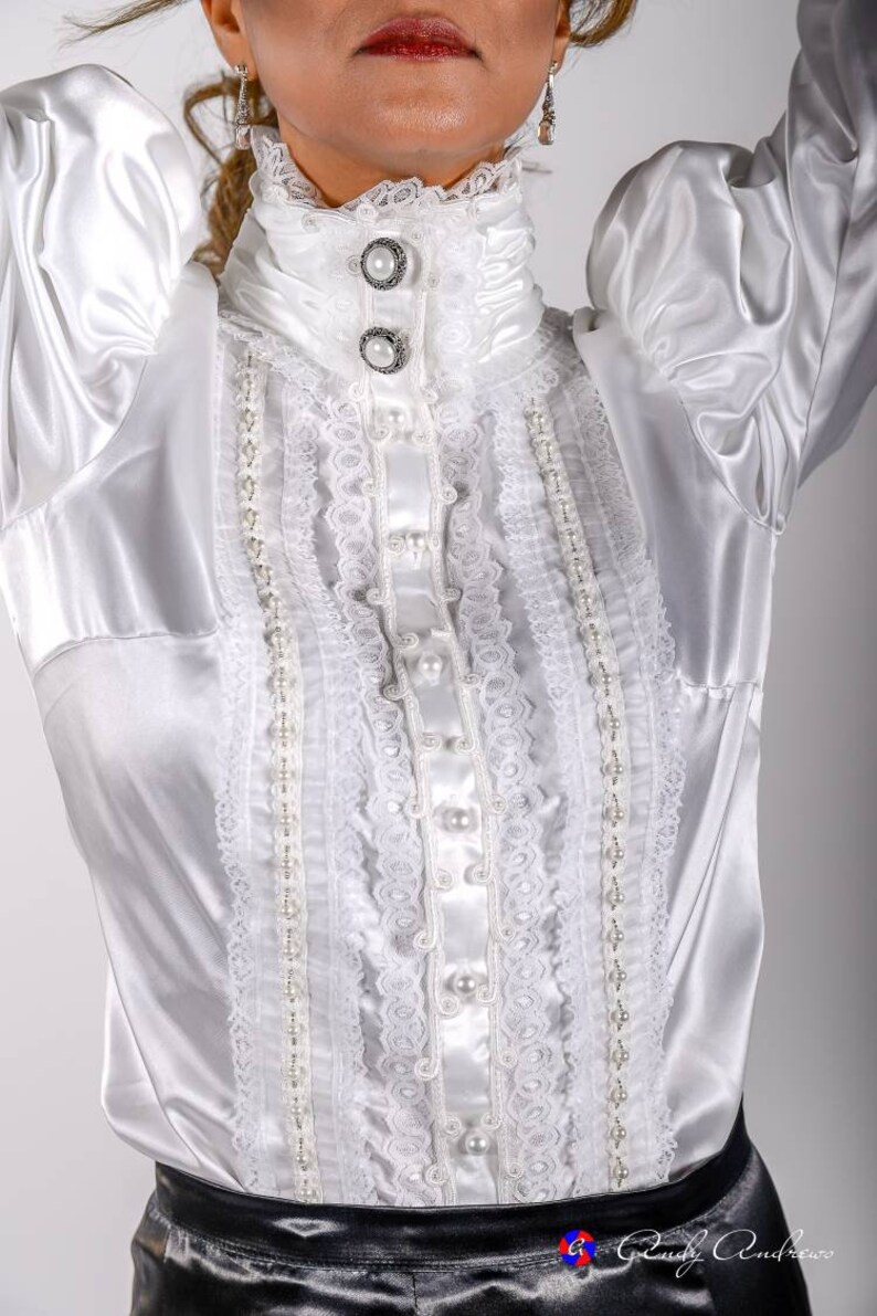 White Semi-fitted Satin & Lace Victorian Top in Sizes XS S M L XL 2XL ...