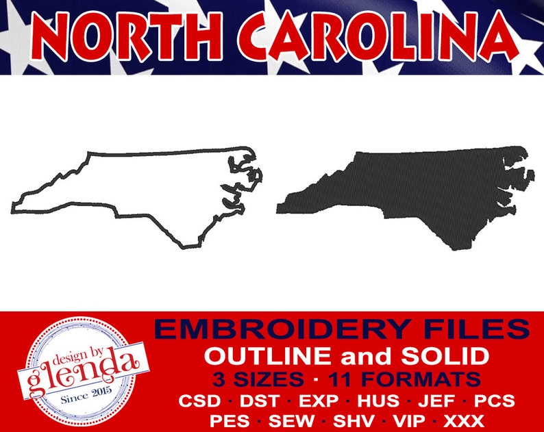 NORTH CAROLINA Machine Embroidery Files - Outline and Solid- 3 Sizes ...