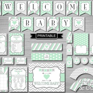 DIY Printable Baby Shower Decorations and Games Package Mint Green Gray ...