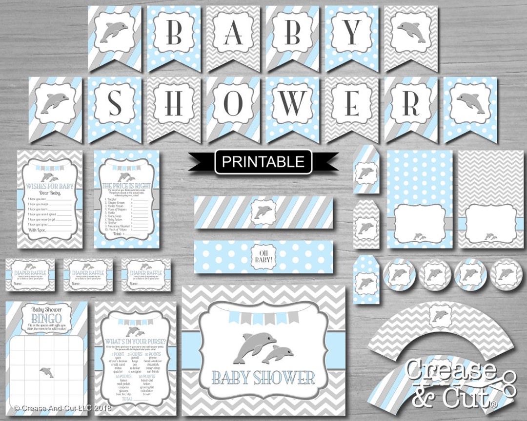 DIY Printable Dolphin Baby Shower Decorations and Games Package in Baby ...