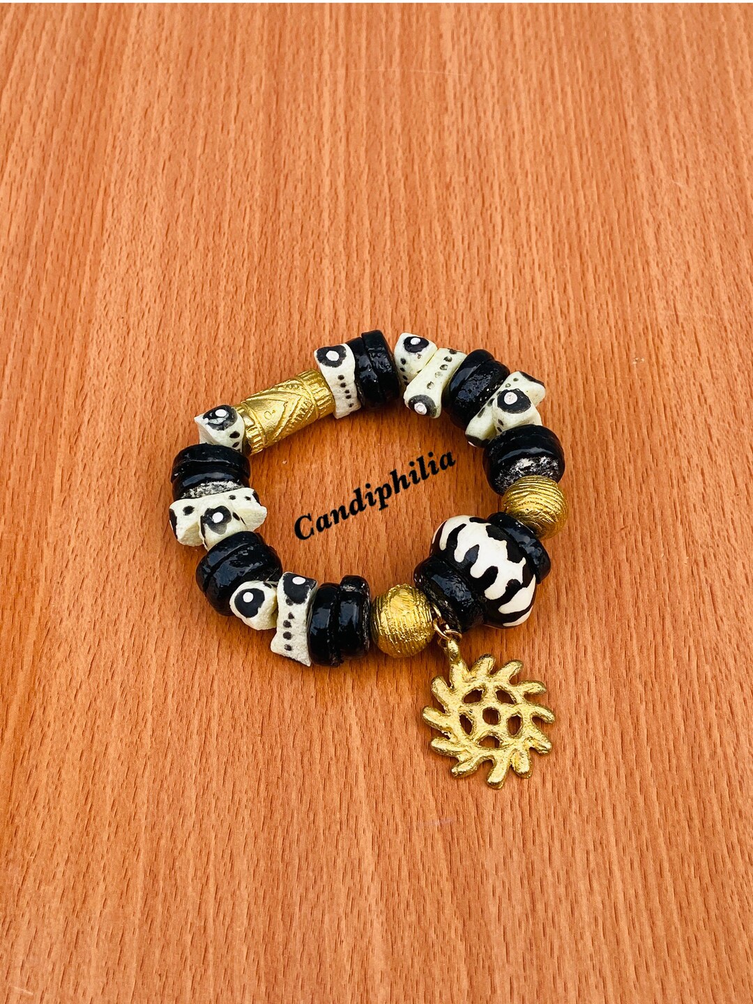 Kenyan Bone Bead Bracelet-adinkra Charm Bracelet-brass Bracelet-african ...