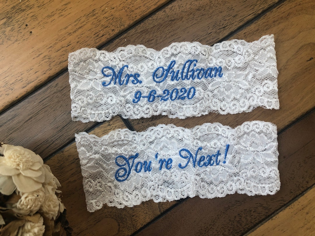 Custom Bridal Lace Garter in White, Personalized Embroidered Set of 2 ...