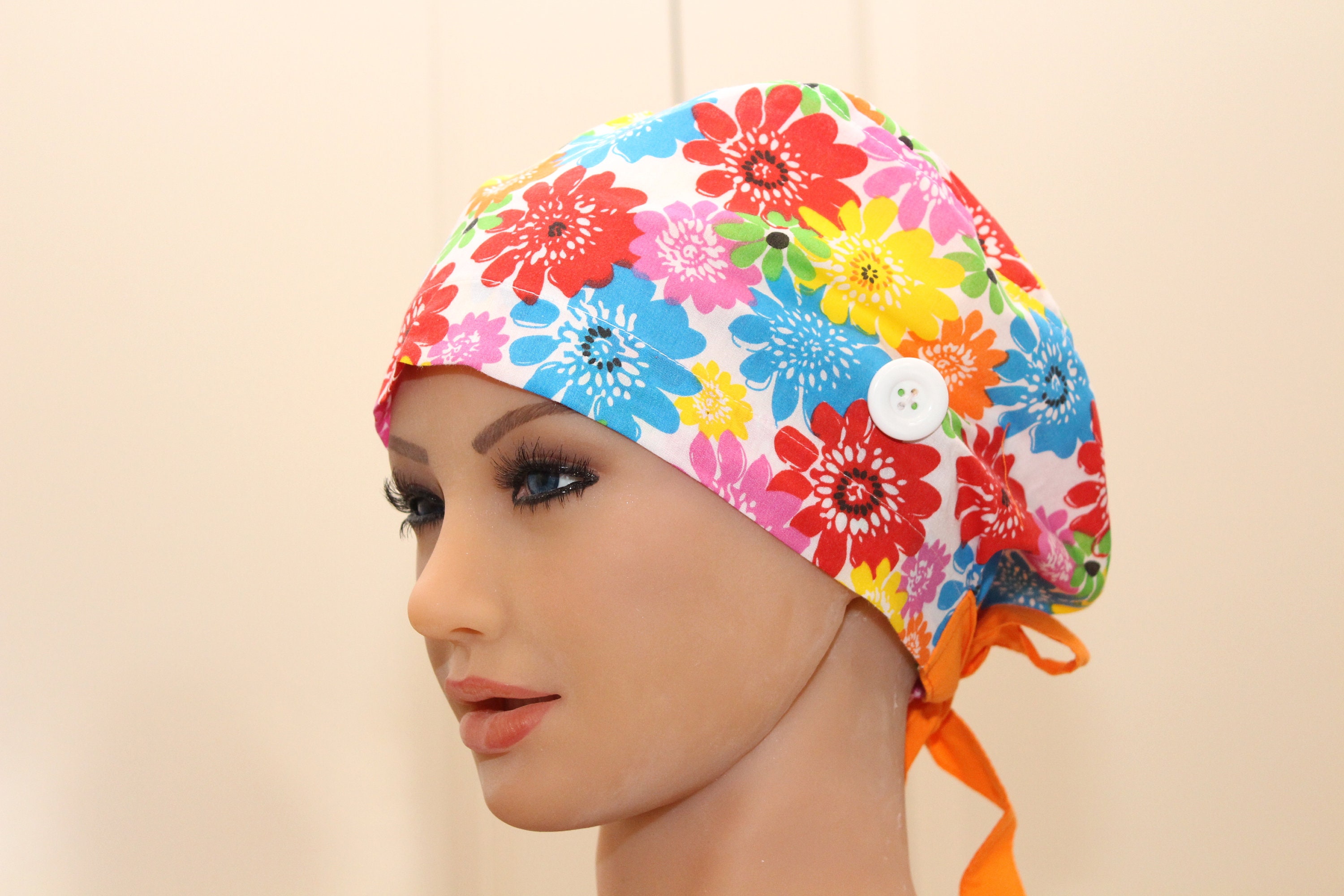 Surgical Scrub Cap Women, Flower Scrub Hat With Ear Savers, Surgery ...