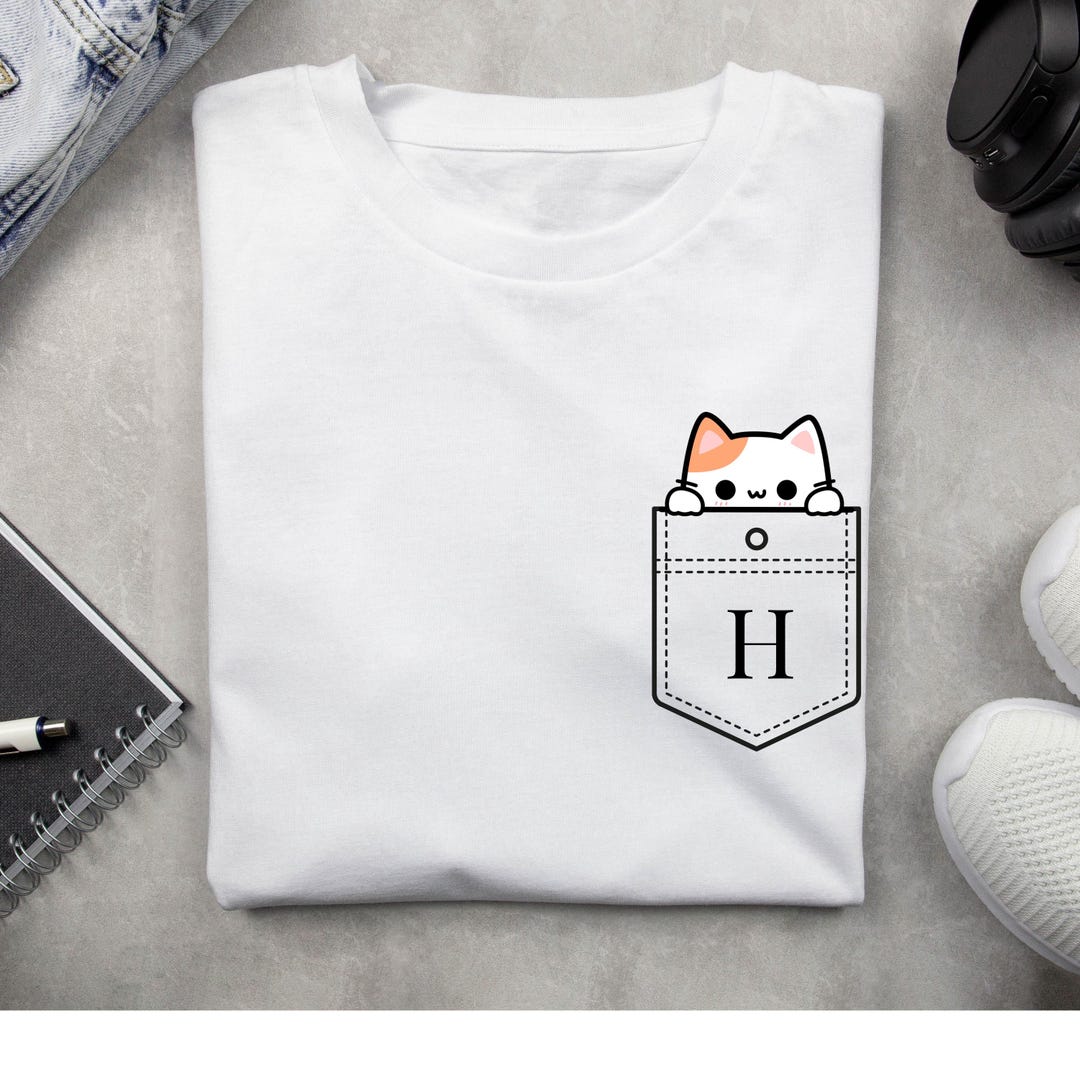 Personalized Monogram Cat T-shirt, Peeking Kitten Faux Pocket Tee ...