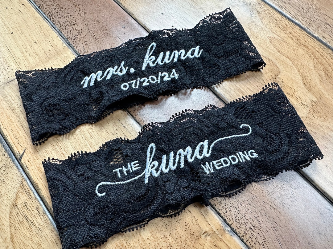 Custom Embroidered Wedding Garters Set in Black Lace, Personalized ...