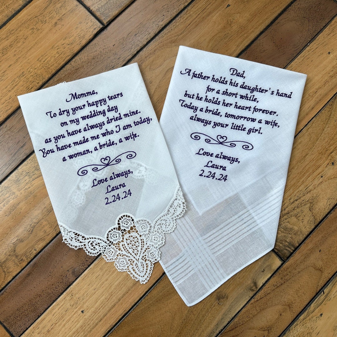 Embroidered Wedding Handkerchief, Set of 2 or Single Hanky for Parents ...
