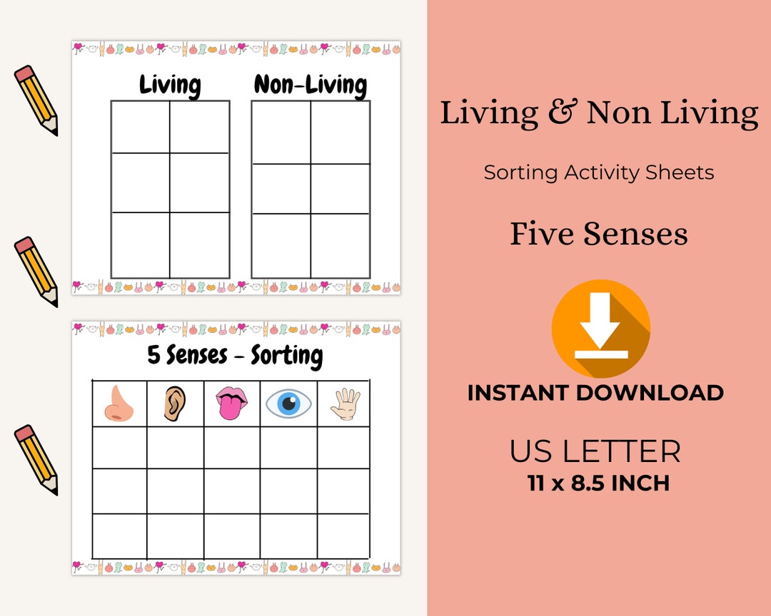 Sorting Living and Non-living Activities Sheet 5 Senses Practice Page ...