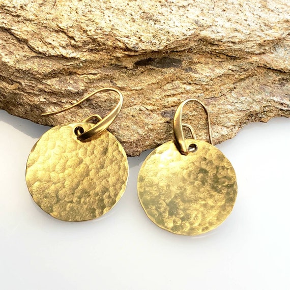 Minimalist Golden Earrings Round Hammered Brass Brass Jewelry Handmade Etsy