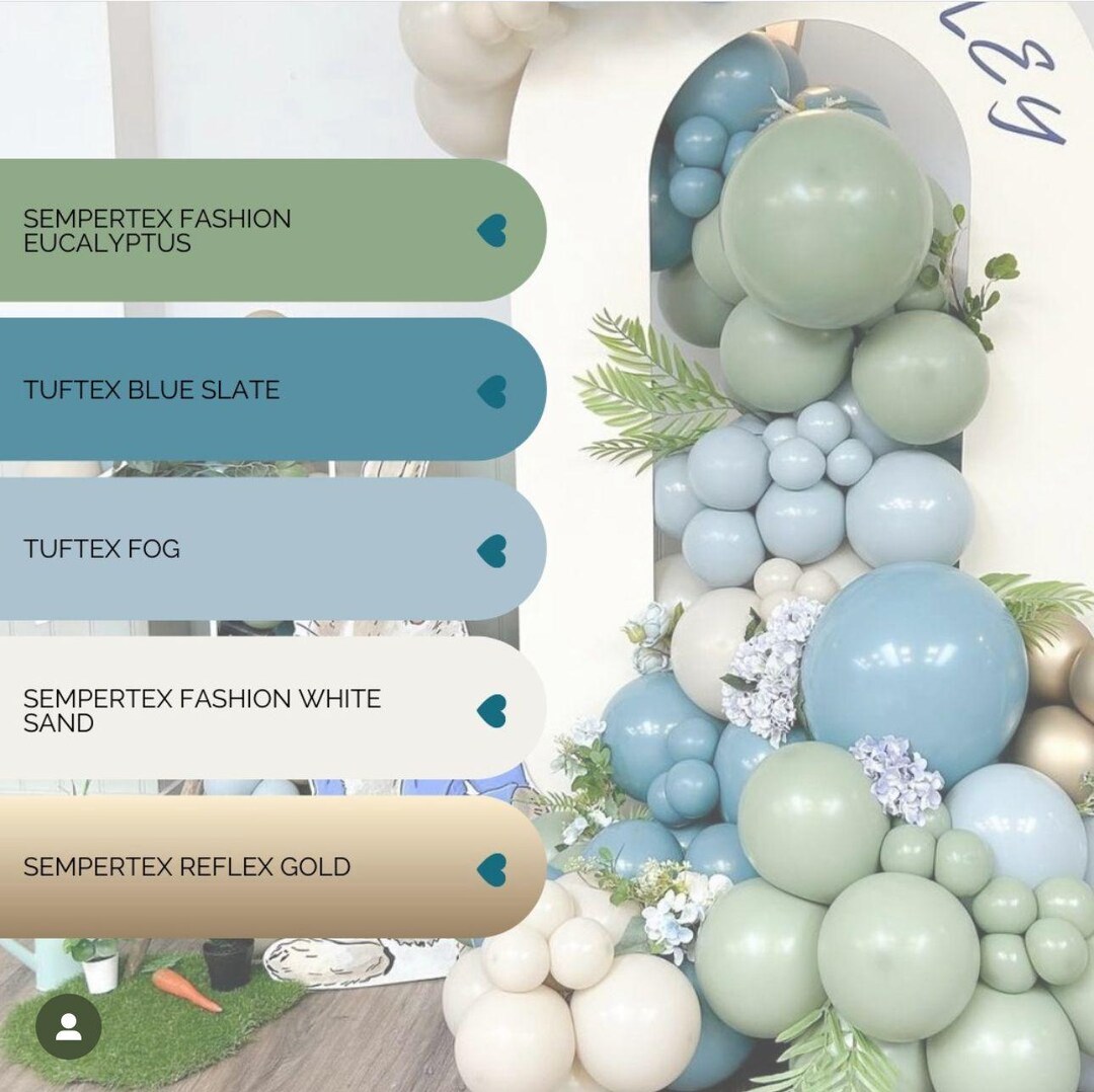 Eucalyptus, Blue Slate, Fog, White Sand and Reflex Gold Balloon Garland ...