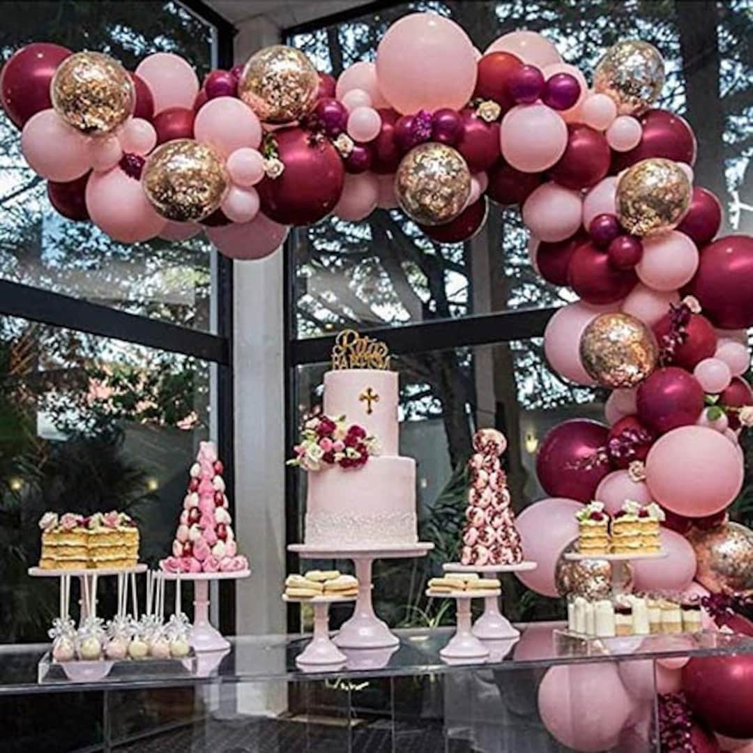 16ft Burgundy, Wine Red, Rose Gold Pink Balloon Bouquet Confetti ...