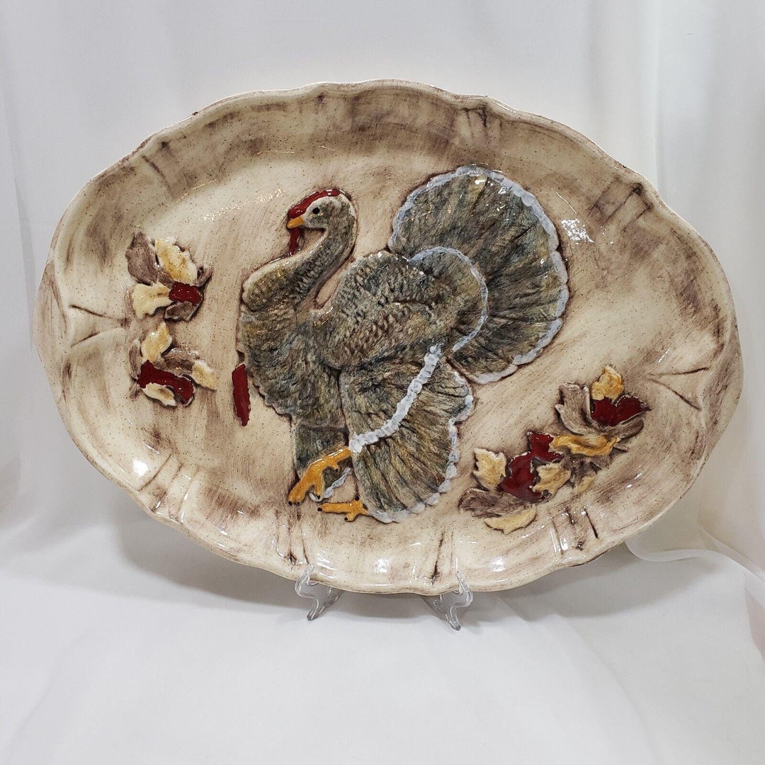 Thanksgiving Turkey Ceramic Platter, Multicolor Oval Serving Tray, 19. ...