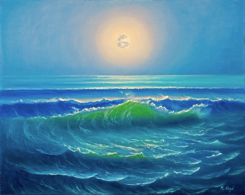 SEASCAPE OIL PAINTING Moonlit Sea Ocean At Night Original Oil | Etsy