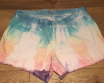 Items similar to High Waist Tie Dye Denim Shorts with Studs Waist 26 ...