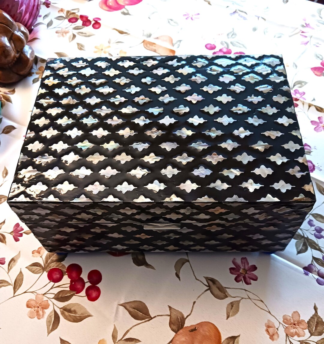 WOOD Box Mother of Pearl Inlay Box New Upcycled 12x9x5" Item Blue ...