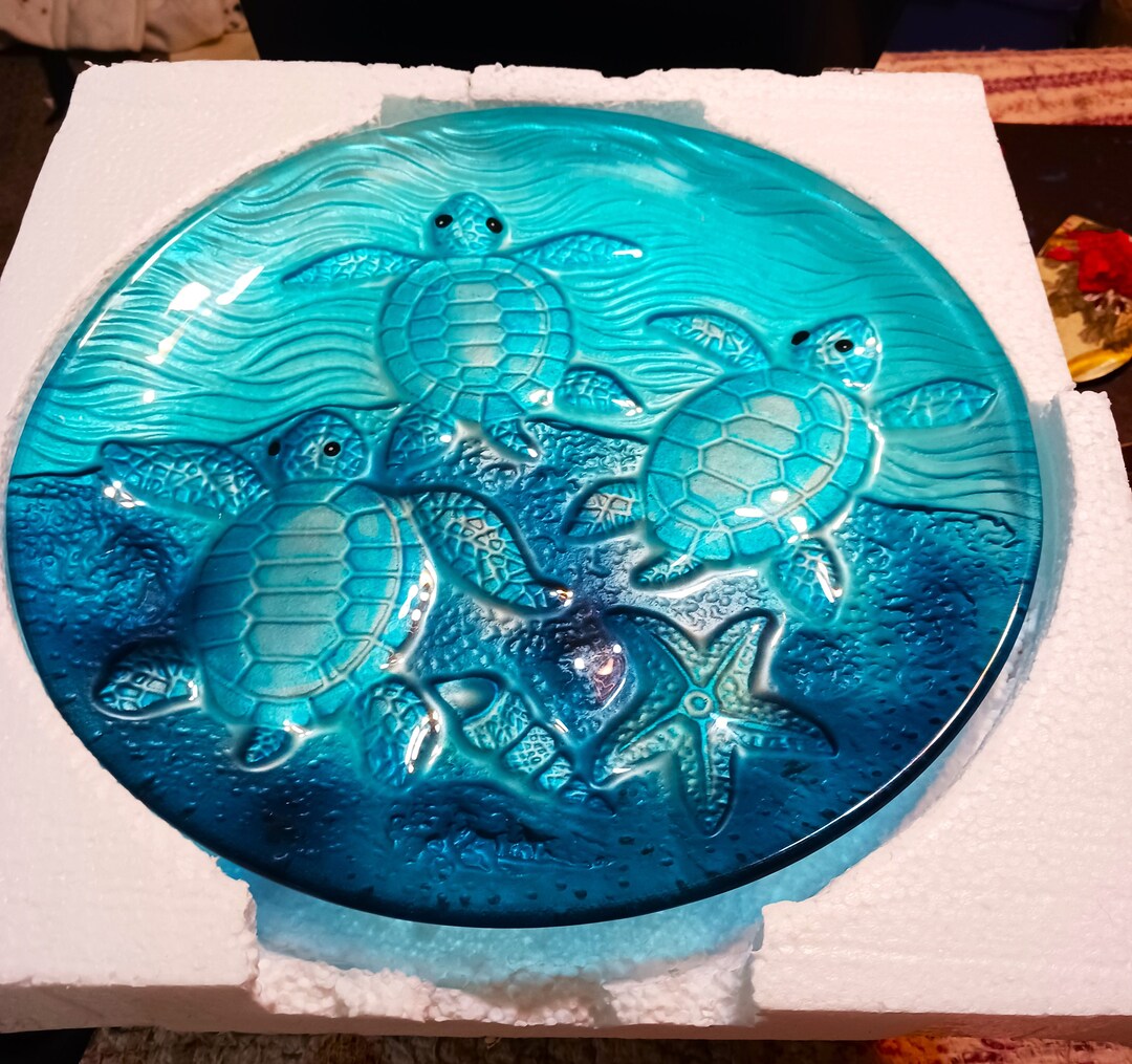 SEA TURTLE PLATTER 13 Diameter Glass Reverse Painted Hand Embellished ...