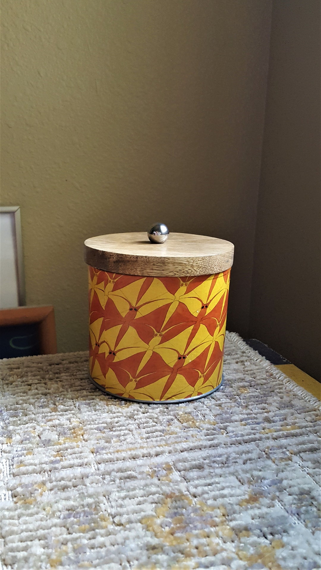 M C Escher 1941 Symmetry Print RUSTIC STEEL CONTAINER Wood Top New ...