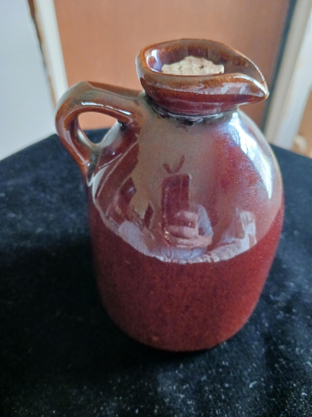 ANTIQUE Brown Pottery Maple Syrup Jug 4.5" - 3.5" Diam. With Cork VG ...
