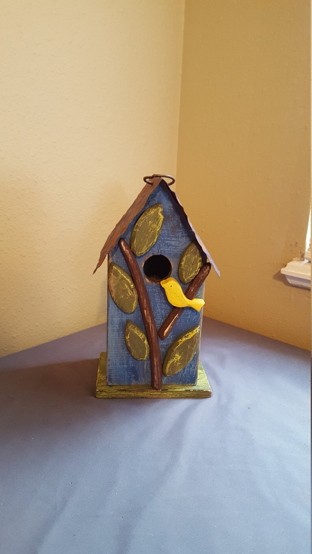 WOOD BIRDHOUSE Hand Painted & Collaged New Upcycled Item Iron Rust Roof ...