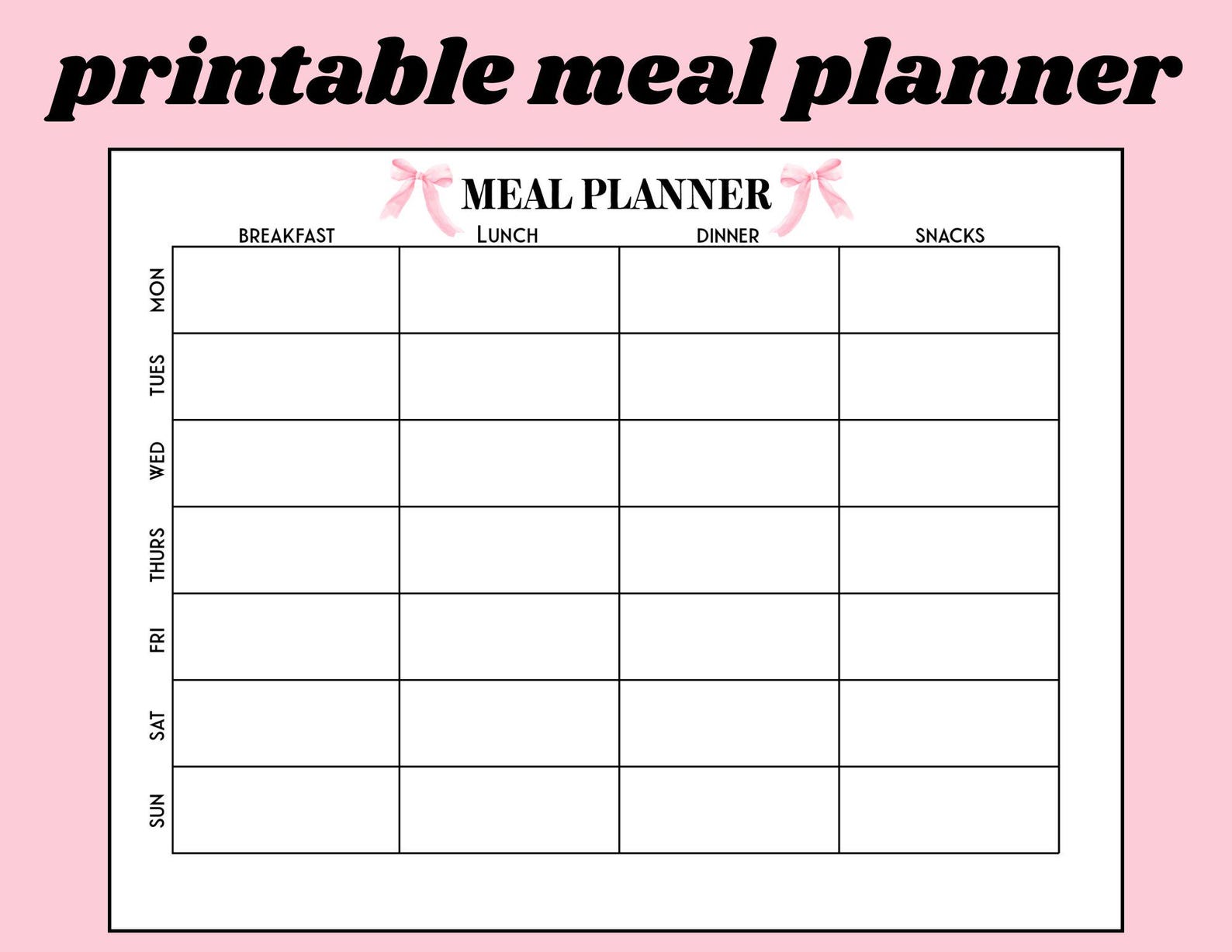 Cute Pink Bow Printable Weekly Meal Planner - Etsy