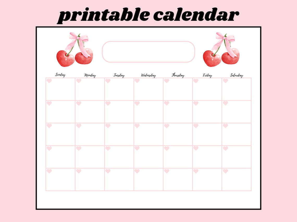 Cute Cherry Coquette Printable Calendar | Red Cherry Bow Printable ...