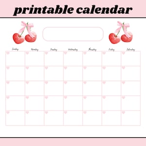 Cute Cherry Coquette Printable Calendar Red Cherry Bow Printable ...
