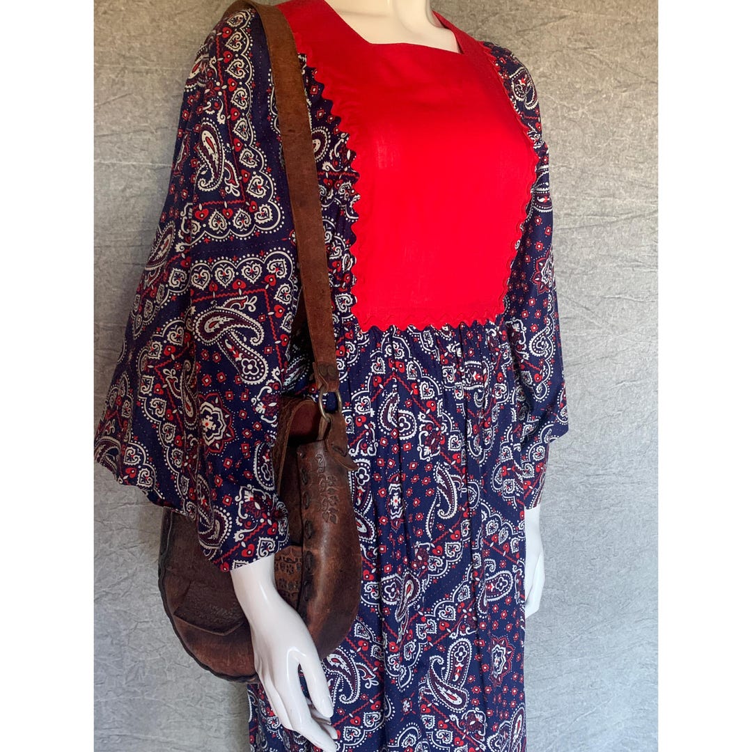 1970s Vintage Bohemian Hippy Dress, Paisley Pattern, Bell Sleeve Tie ...