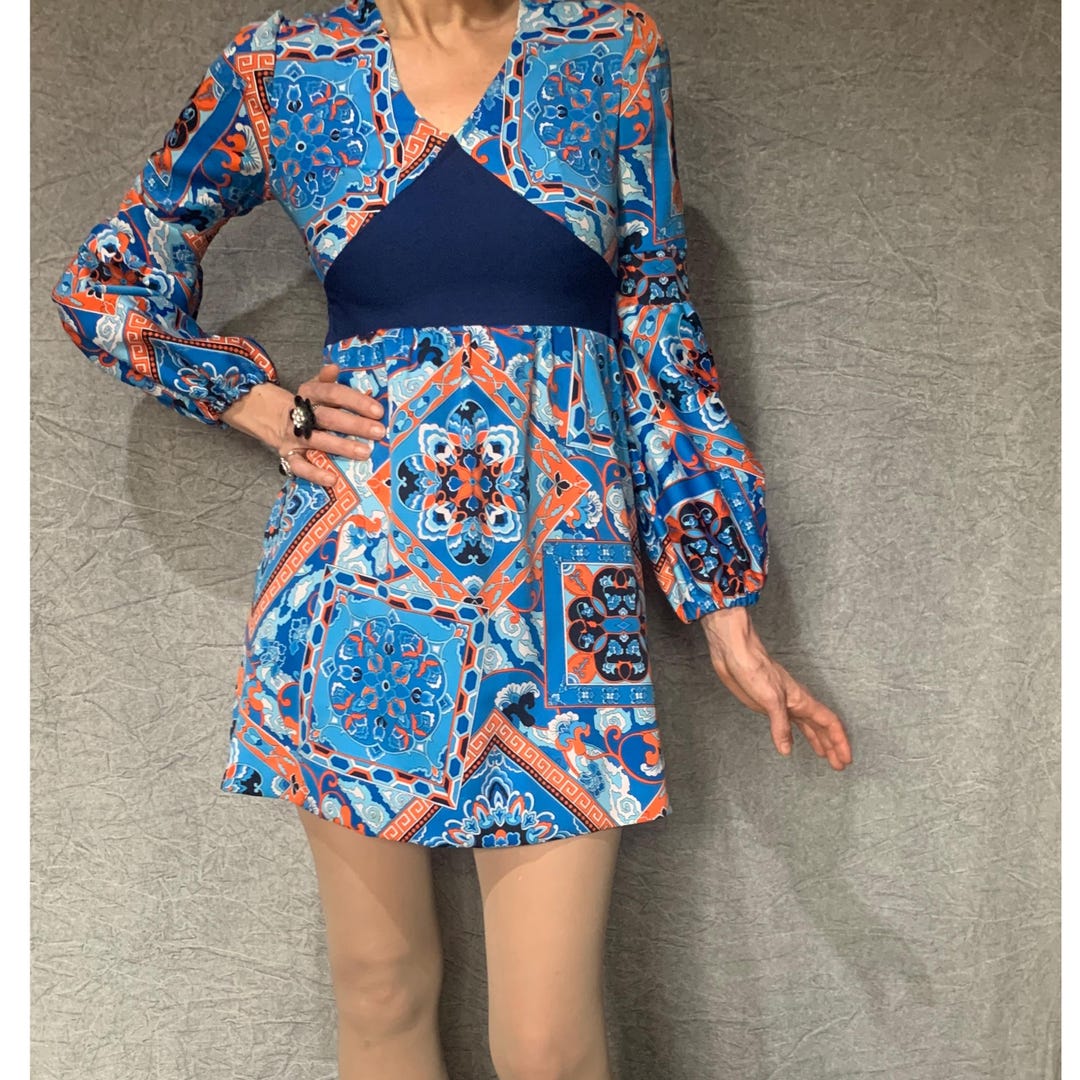 Vintage 60s 70s Mini Dress/crazy Fabric Vintage Tie Back 70s Dress/puff ...