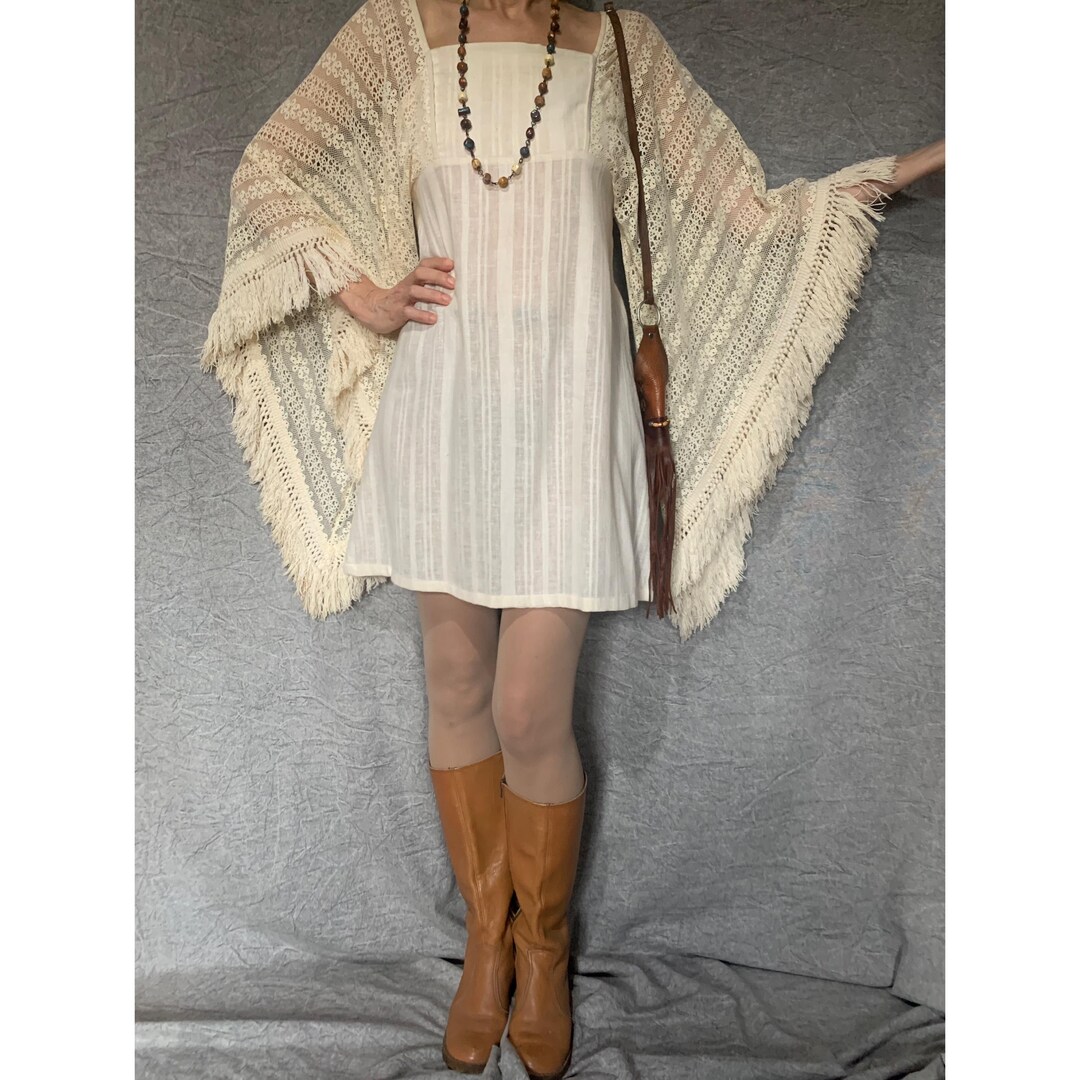 Vintage 1970s Boho Hippy Mini Dress/ 70s Long Crochet and Tassel Bell Sleeve Cream Mini Dress ...
