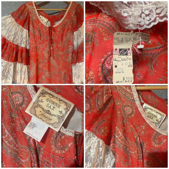 70s Vintage Rare Gunne Sax Maxi Gown//1970s Red Paisl… - Gem