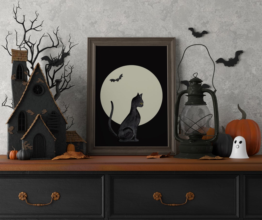 Black Cat, Full Moon, Happy Halloween, Fall Decor, Halloween Printable ...