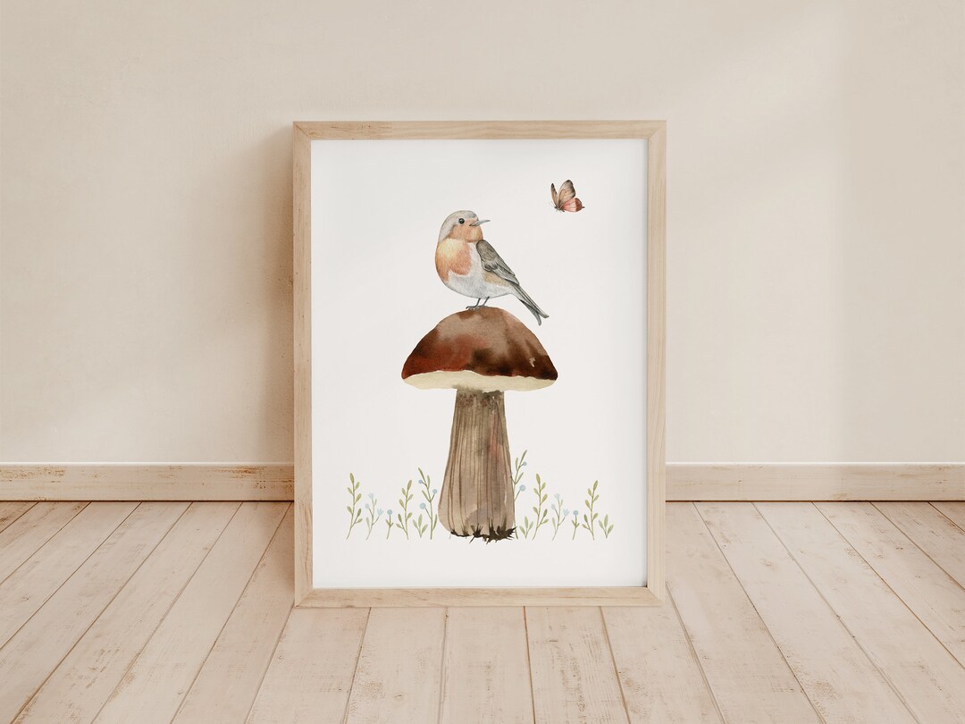 Mushroom Printable , Whimsical Wall Decor , Woodland Art Print, Bird ...