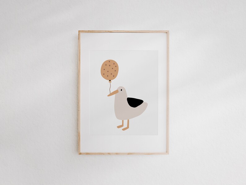 Whimsical Seagull Bird Holding Balloon Art Print, Neutral Nursery Print ...