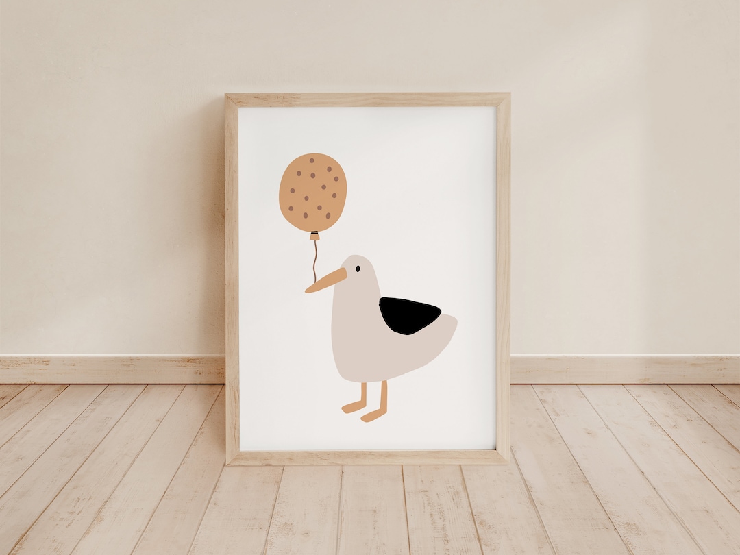 Whimsical Seagull Bird Holding Balloon Art Print, Neutral Nursery Print ...