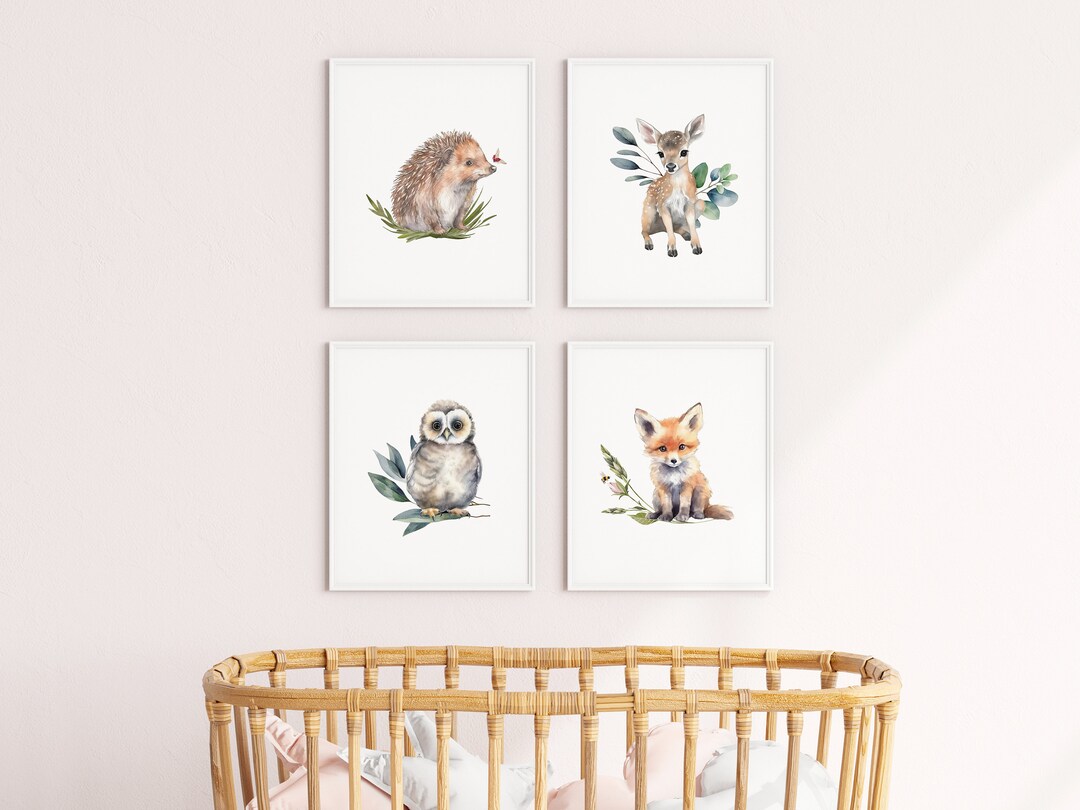 Set of 4 Woodland Animal Art Prints, Whimsical Wall Decor, Hedgehog ...