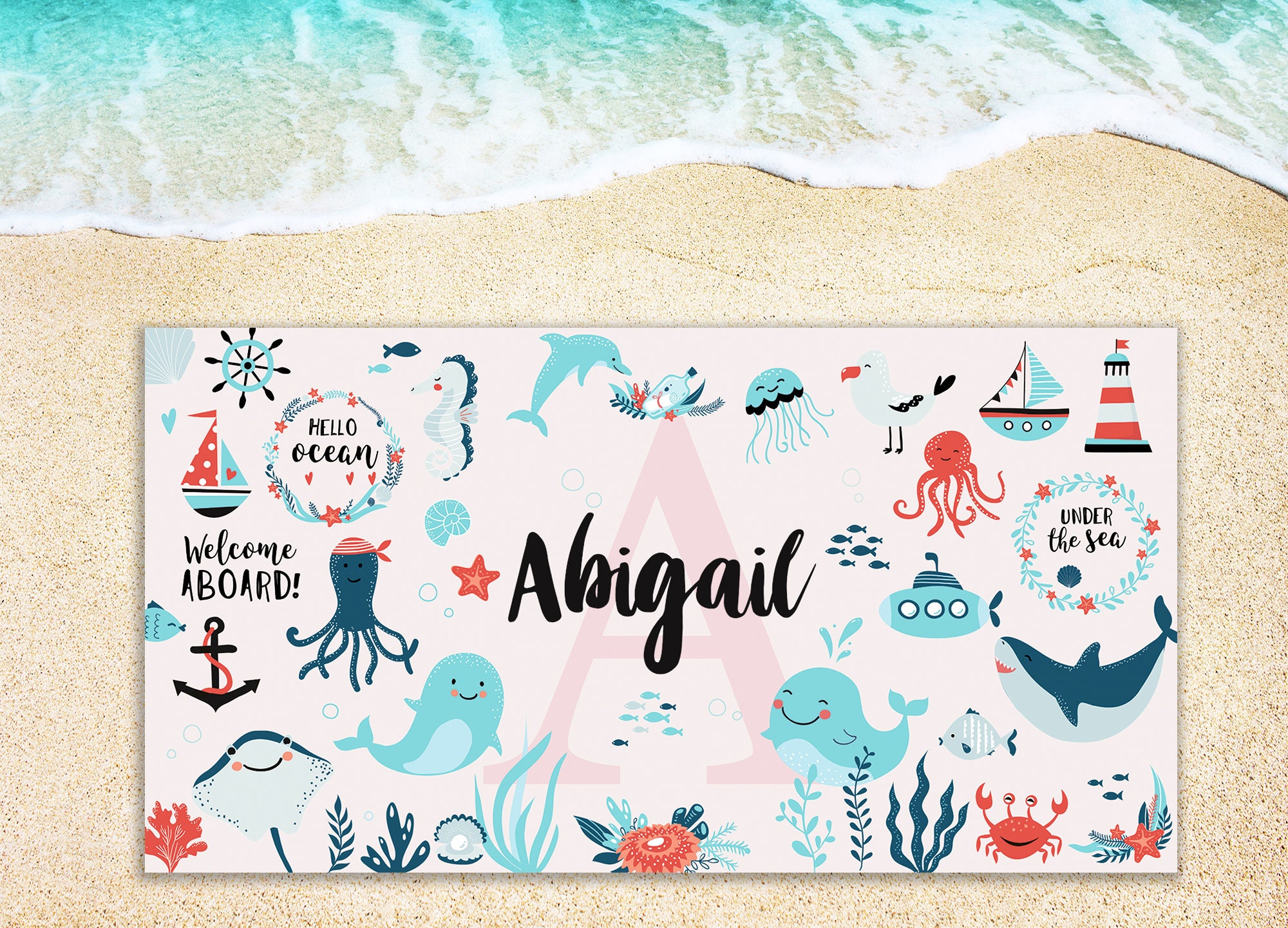 Personalized Sea Animal Beach Towel With Name, Lightweight, Absorbent ...