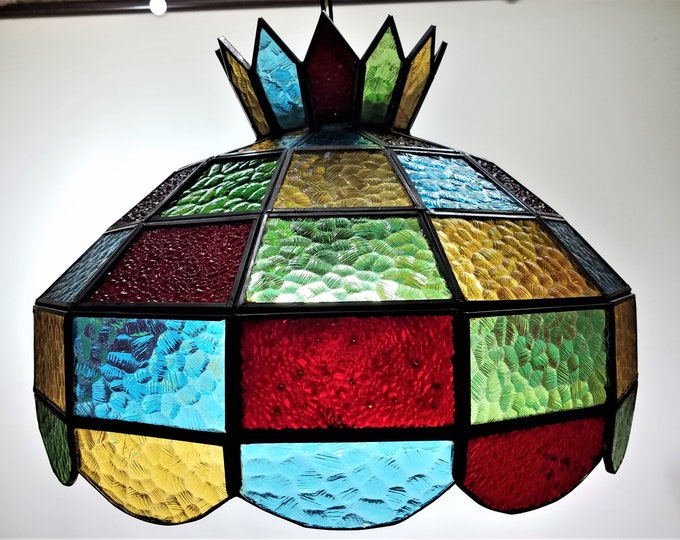 Vintage Stained Glass Multi Color Hanging Light 15” X 11" 1970s Swag ...