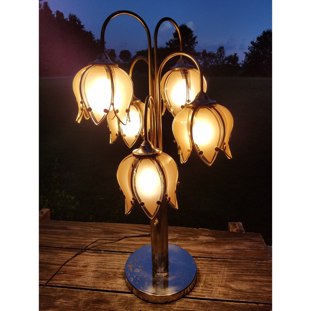 Hollywood Regency Lotus Lamp Pink Glass Panel Shades,5 Way Light ...