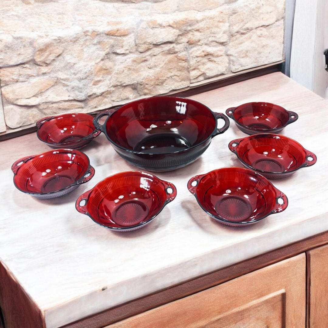 Anchor Hocking Royal Ruby Red Coronation 7 Piece Berry Bowl Set Service ...