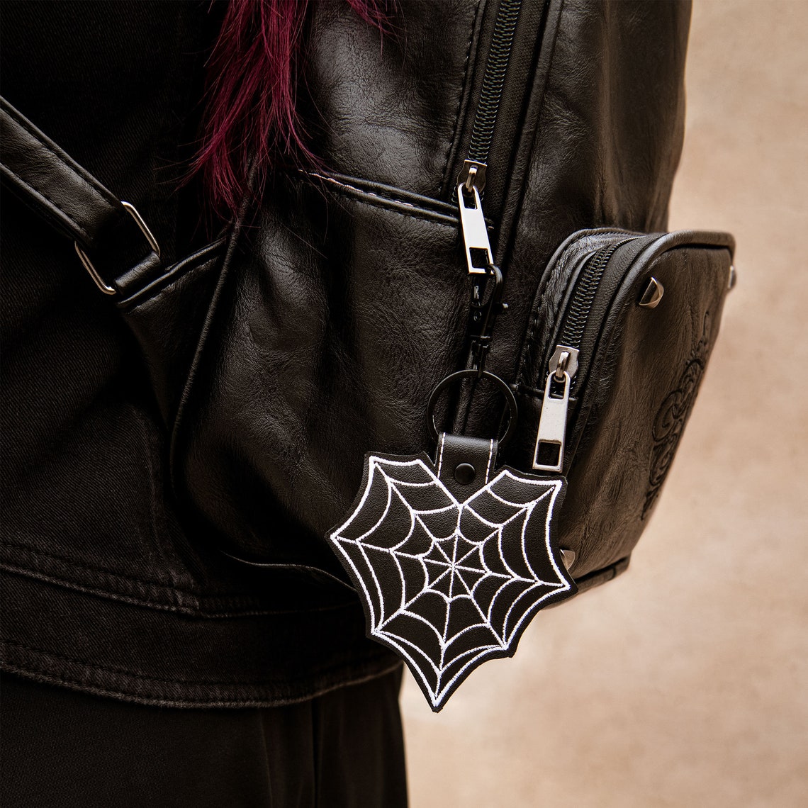 Spider Web Heart Embroidered Faux Leather Keychain | Etsy