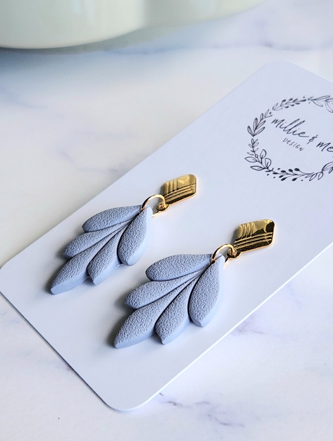 Polymer Clay Grey Drop Dangle Leaf Shape Earrings / Grey Earrings/ Leaf Earrings / Grey Dangle ...