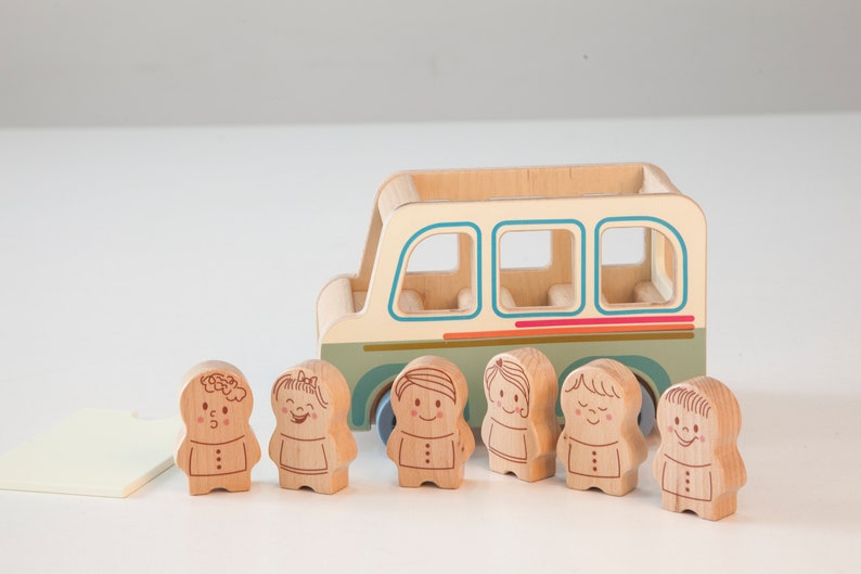 Wooden School Bus Toy With Passengers, Kids Vehicle With Dolls, Gift ...