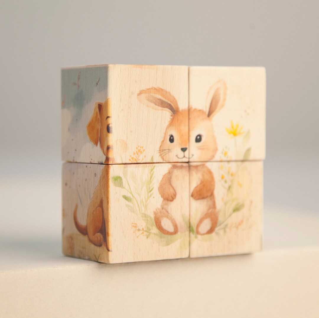 Wooden Baby Cube With Animals, Kitten Baby Birth Cubes, Bunny Natural ...