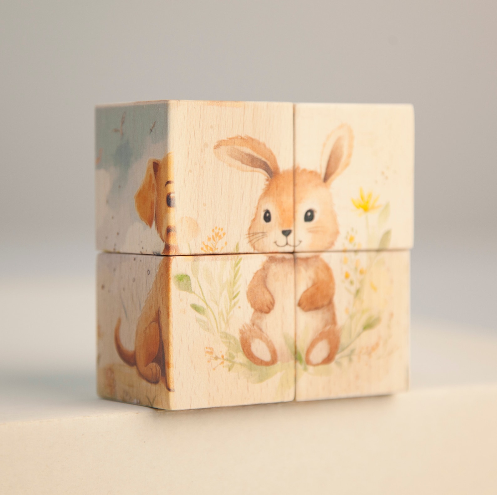 Wooden Baby Cube With Animals, Kitten Baby Birth Cubes, Bunny Natural ...