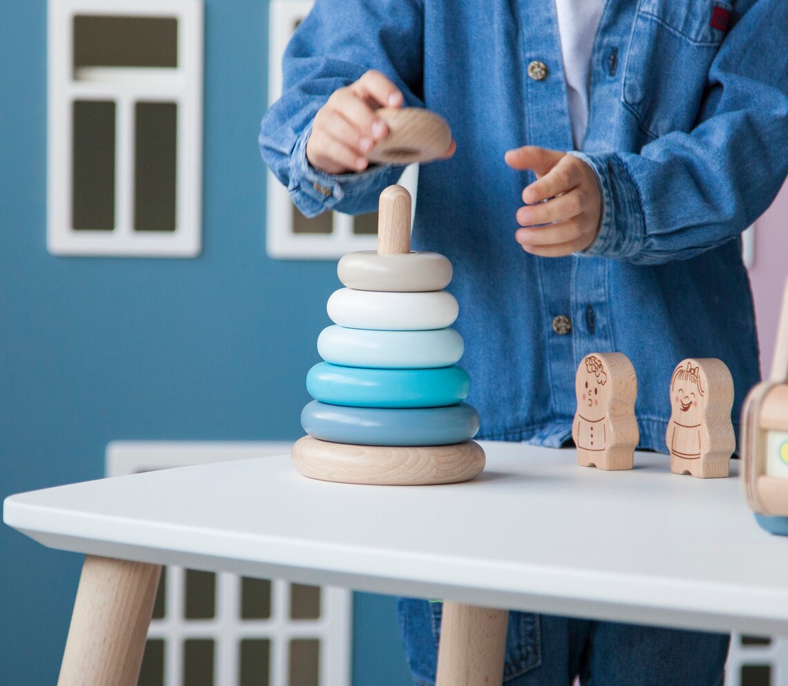 Blue Pyramid Stacking Toy, Development Toys, Natural Wood Toy, Color ...